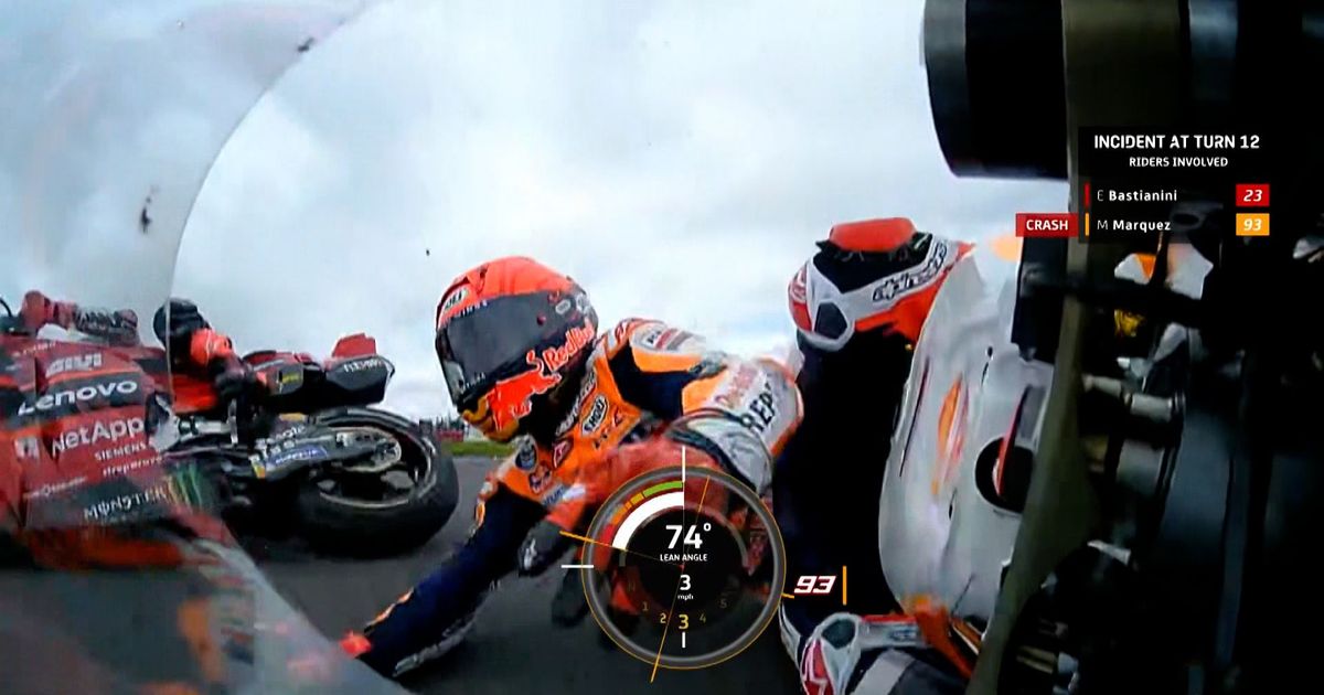 ON BOARD: Marc Marquez crashes after close call with Bastianini